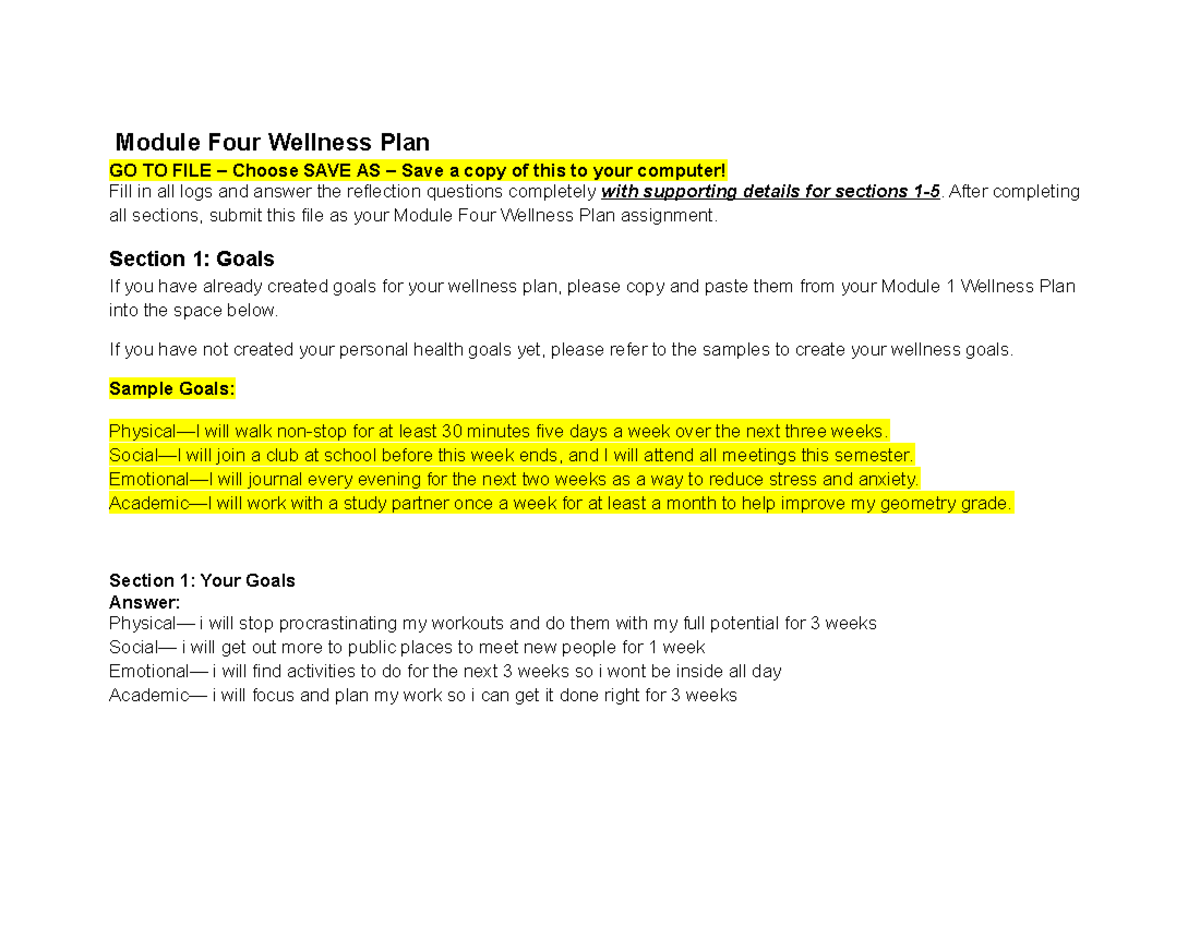 Module four wellness plan-1 - Module Four Wellness Plan GO TO FILE ...