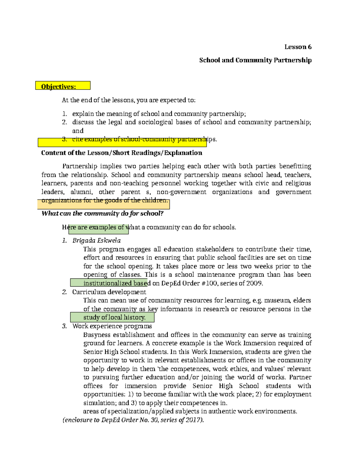 Lesson 6 - Knowledge - Lesson 6 School and Community Partnership ...