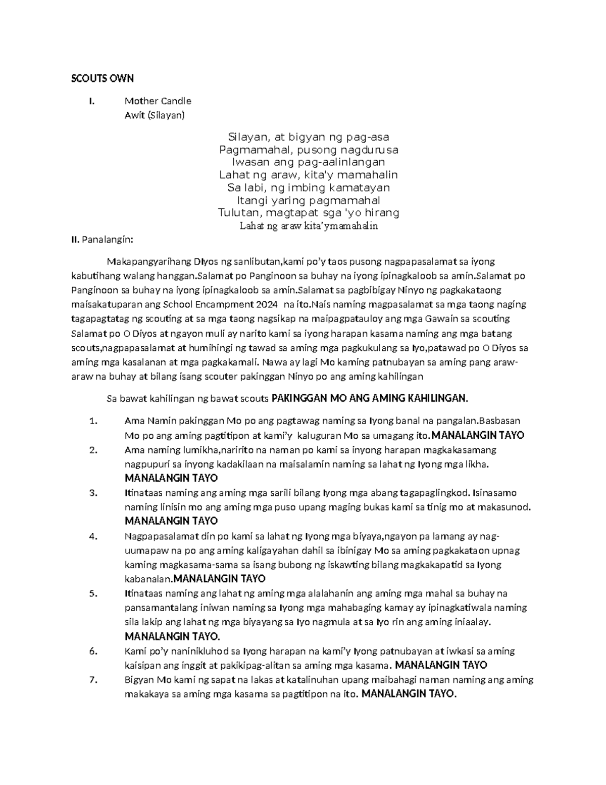 2024 Scouts OWN - gsp ceremony - SCOUTS OWN I. Mother Candle Awit ...