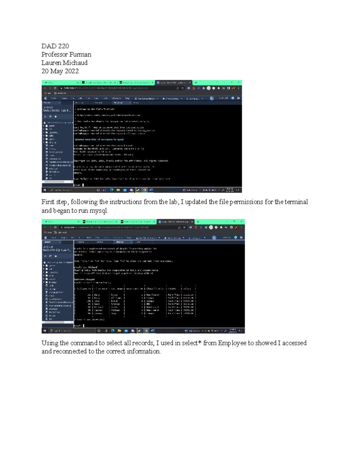 Michaud Module 3 Lab - DAD 220 Professor Furman Lauren Michaud 20 May 2022 First step, following ...