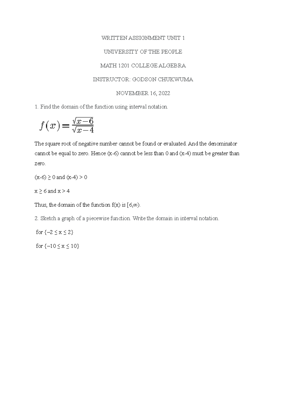 Math 1201 01 Written Assignment Unit 1 Written Assignment Unit 1 University Of The People