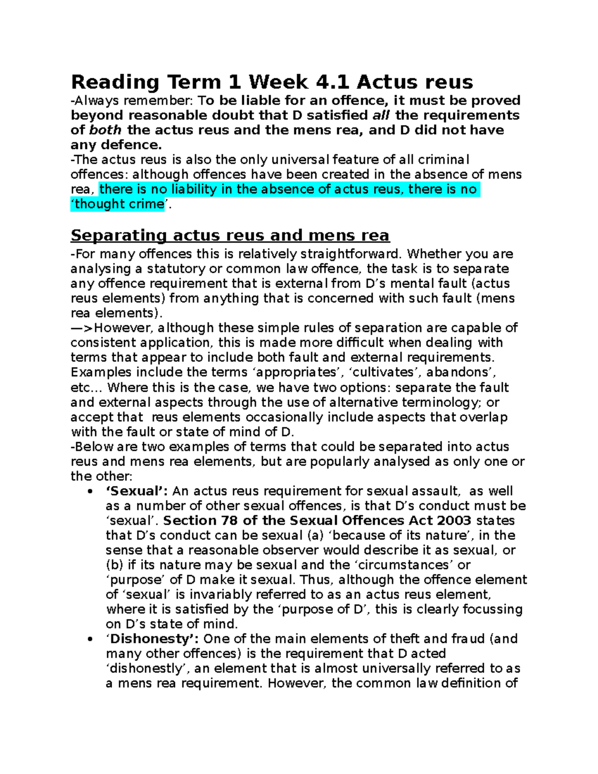 Reading Term 1 Week 3 Actus Reus - Reading Term 1 Week 4 Actus reus ...