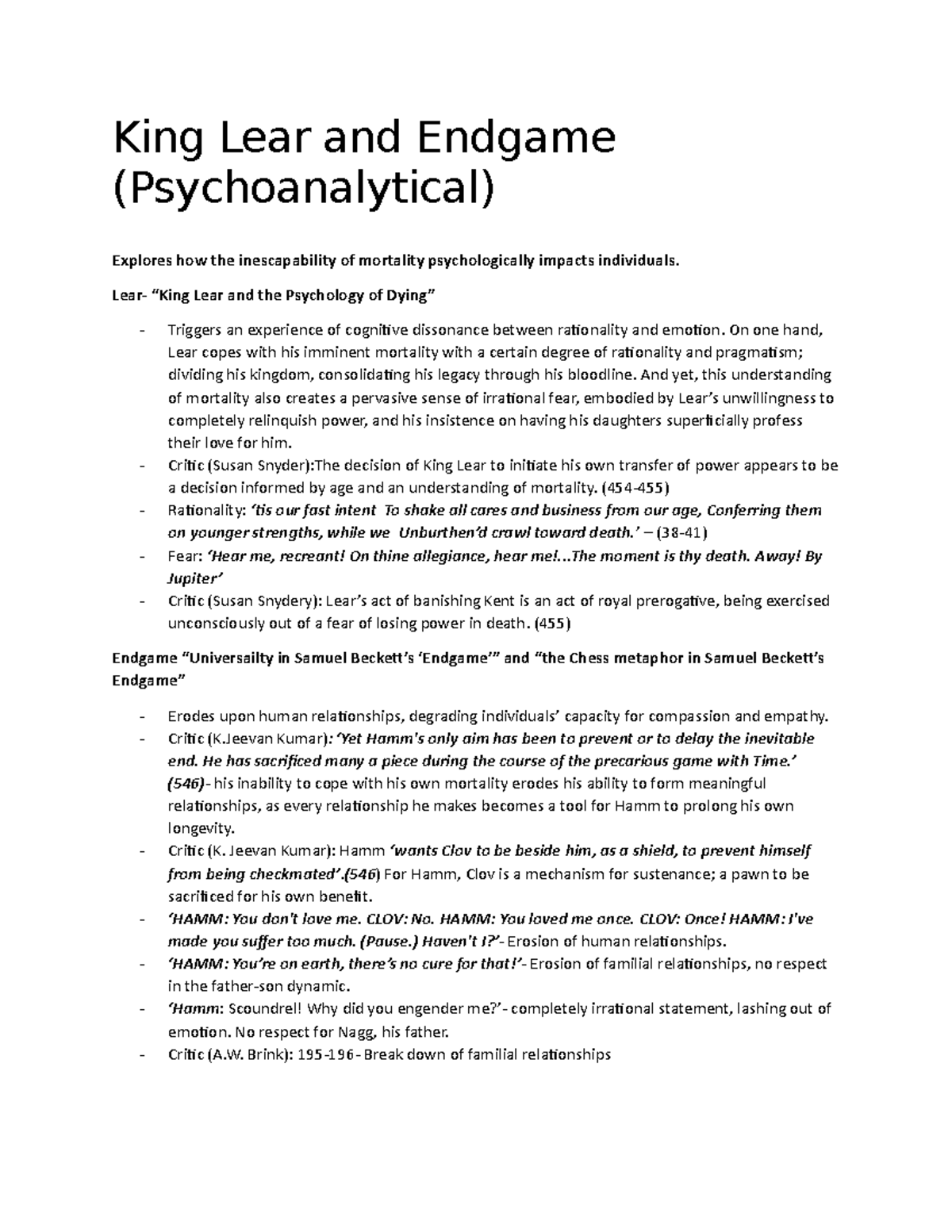 ARTS 1030 Cheat Sheet - summary - King Lear and Endgame ...