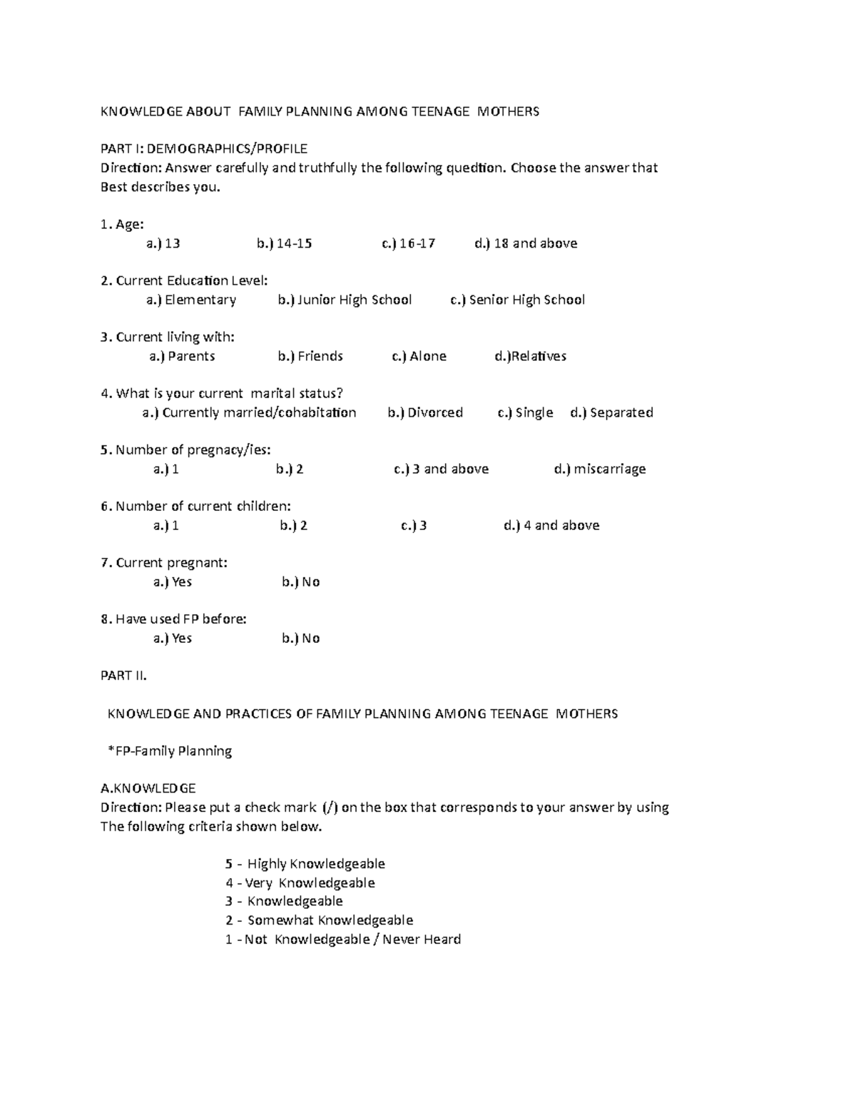 Questionnaires - Assignments - KNOWLEDGE ABOUT FAMILY PLANNING AMONG ...