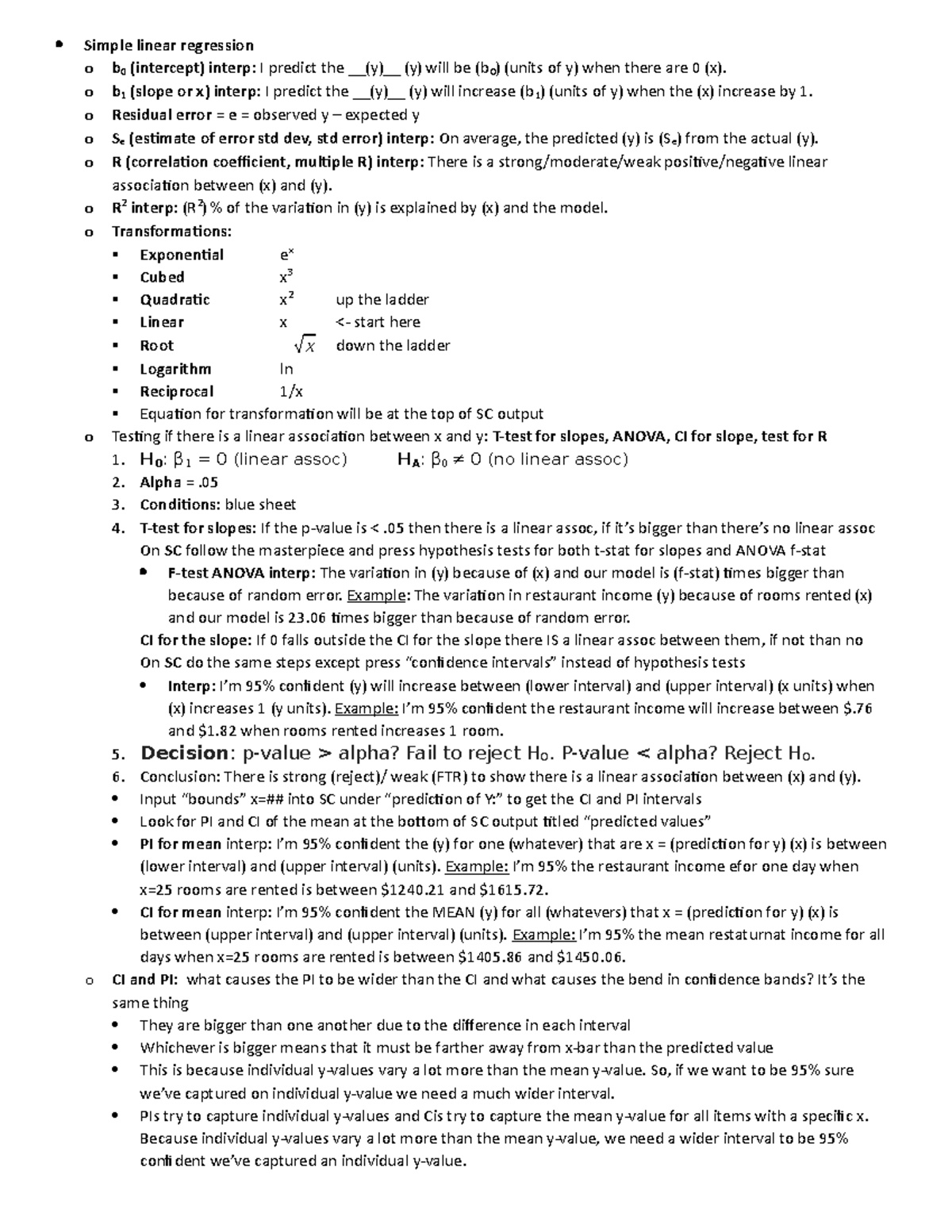 Exam 4 cheat sheet stats - Simple linear regression o b 0 (intercept ...