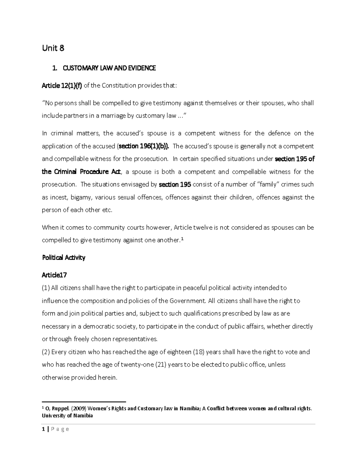 JCU3602 Unit 8 - Jurisprudence notes for unit 8 - Unit 8 1. CUSTOMARY ...