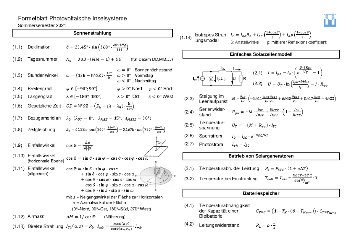 PVIS Formelblatt SS21 - Formelsammlung - Formelblatt Photovoltaische ...