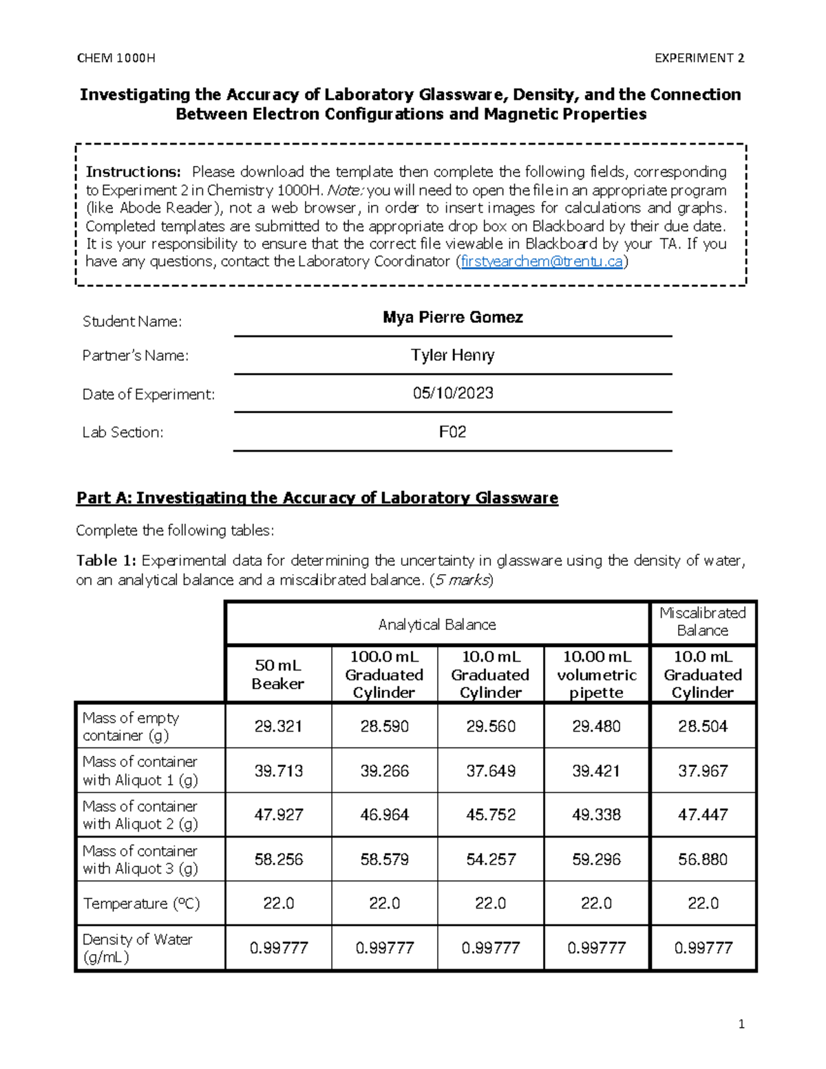 Lab 2 Sample Calculations And Lab Values On Lab 2 Investigating The Accuracy Of Laboratory