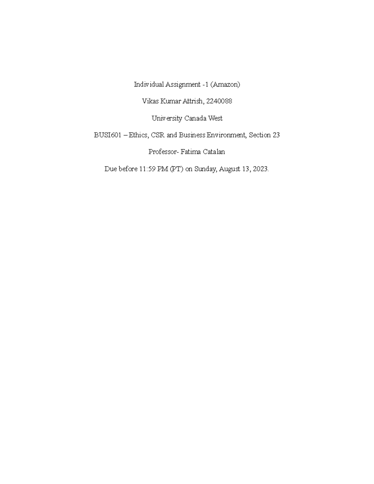 Amazon final - assignment - BUSI 601 - UCW - Studocu