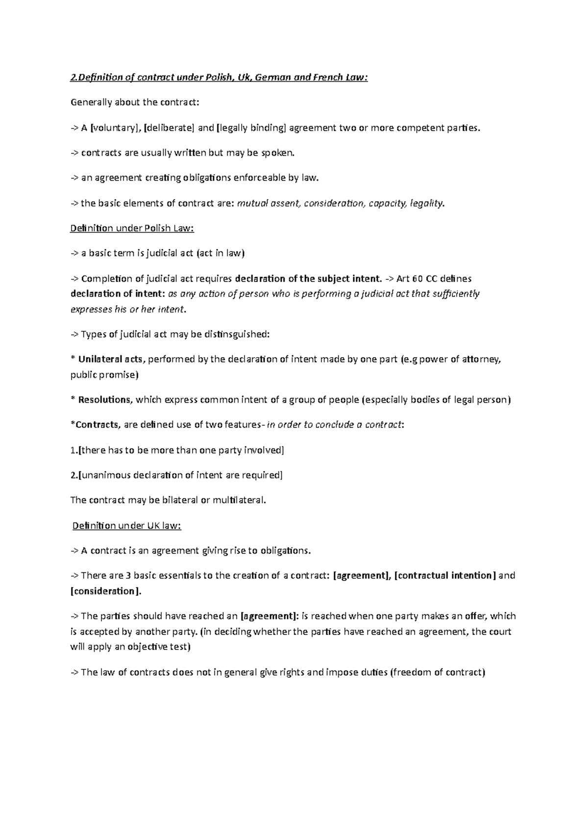 Notes - 2 of contract under Polish, Uk, German and French Law ...