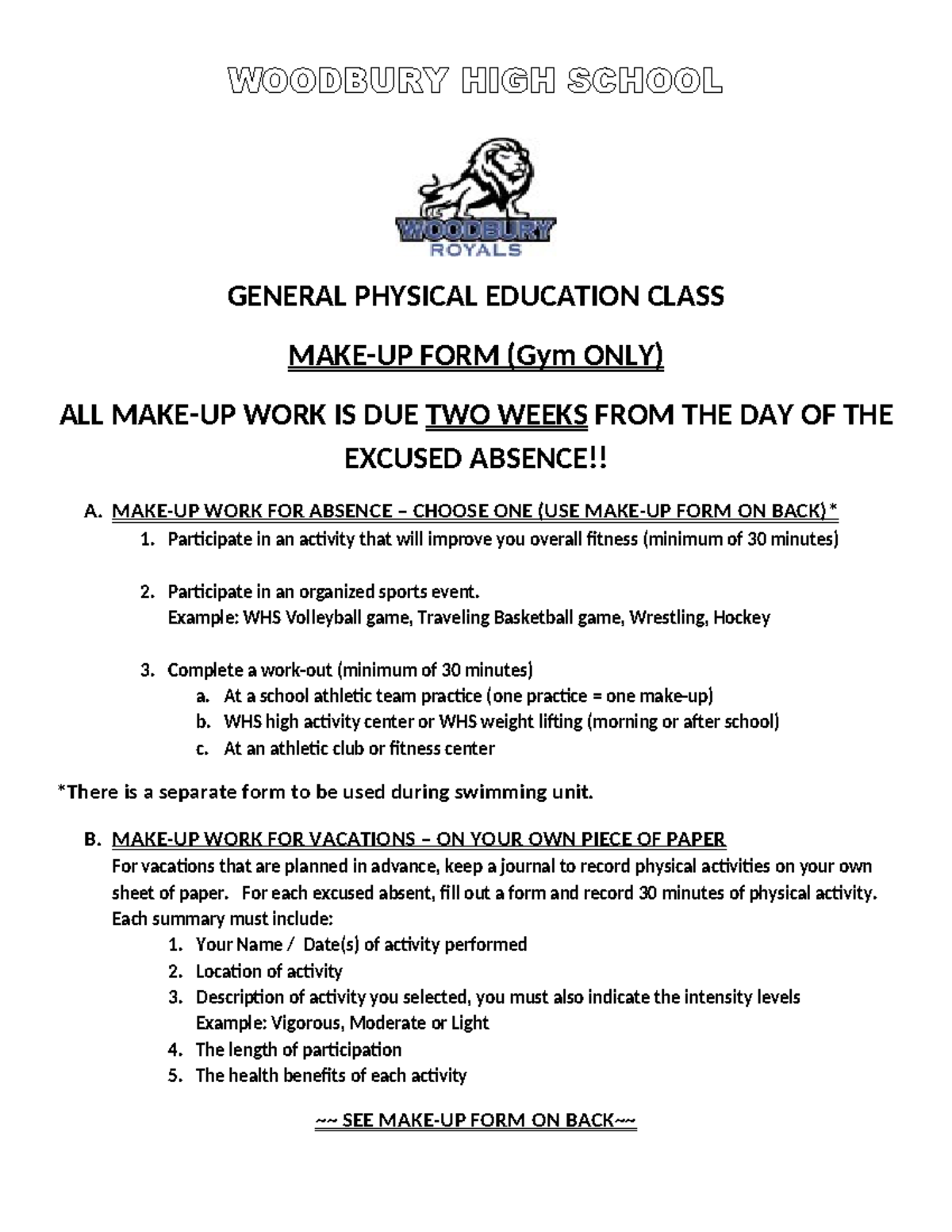 WHS Gen P - GENERAL PHYSICAL EDUCATION CLASS MAKE-UP FORM (Gym ONLY ...