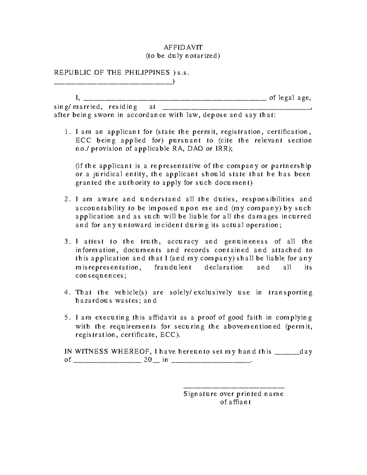 Affidavit HWtransporter - AFFIDAVIT (to be duly notarized) REPUBLIC OF ...