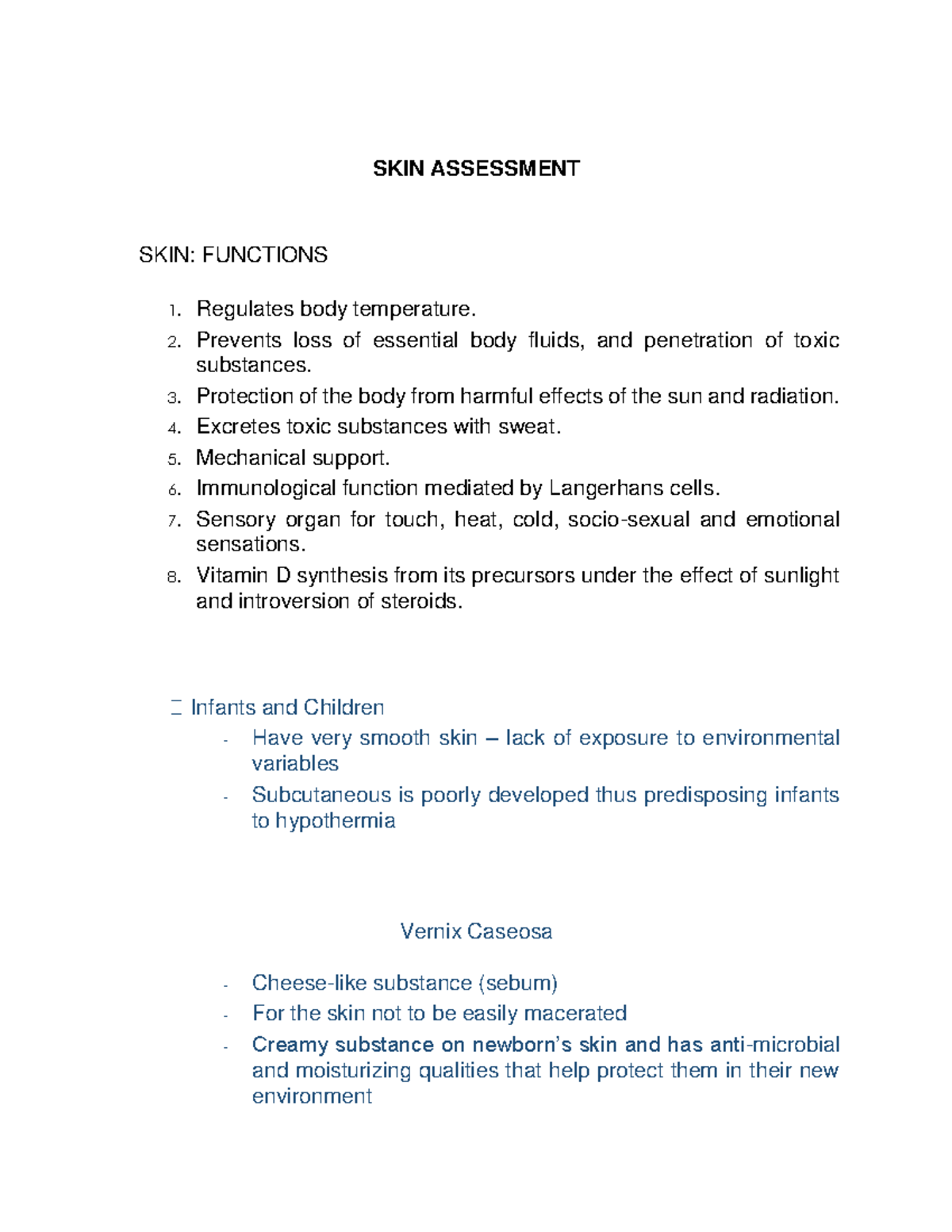 SKIN Assessment - summary - SKIN ASSESSMENT SKIN: FUNCTIONS 1 ...