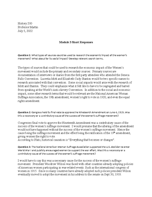 SNHU Hist 200 His 200 Short Response-1 - Professor Martin July 2, 2022 ...