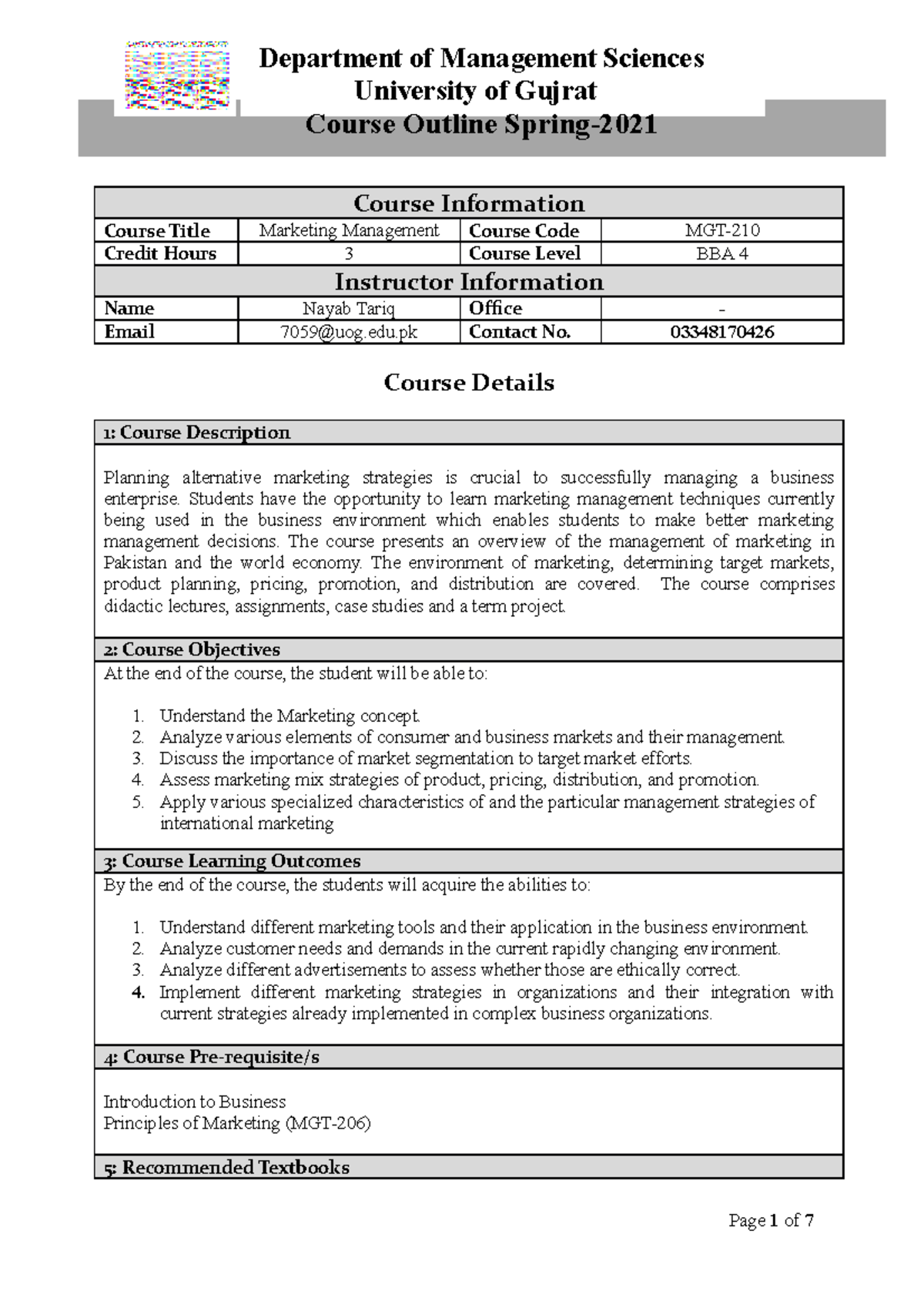 MGT-210 - Yes - Course Information Course Title Marketing Management Course Code MGT- Credit ...