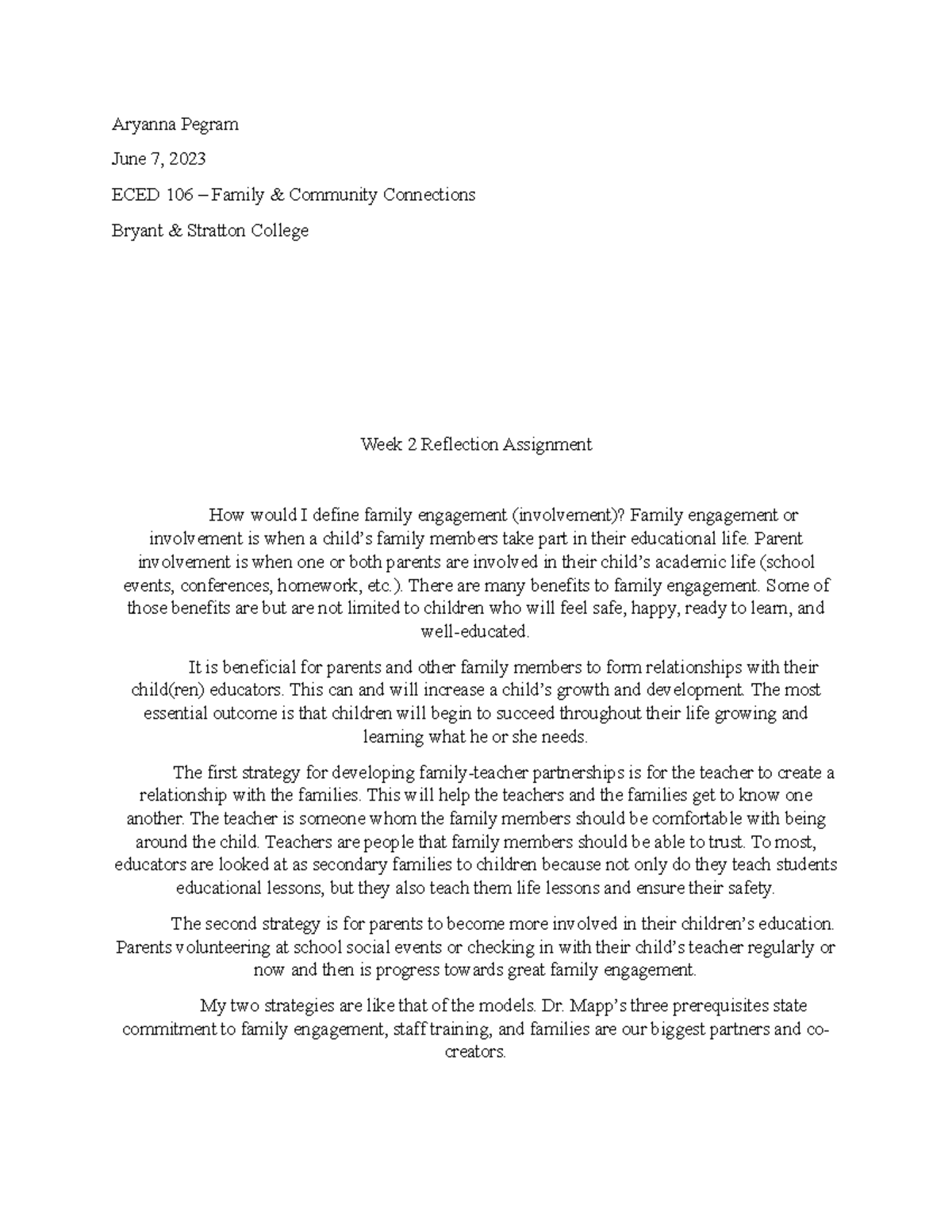 Week 2 - Reflection - N/A - Aryanna Pegram June 7, 2023 ECED 106 ...