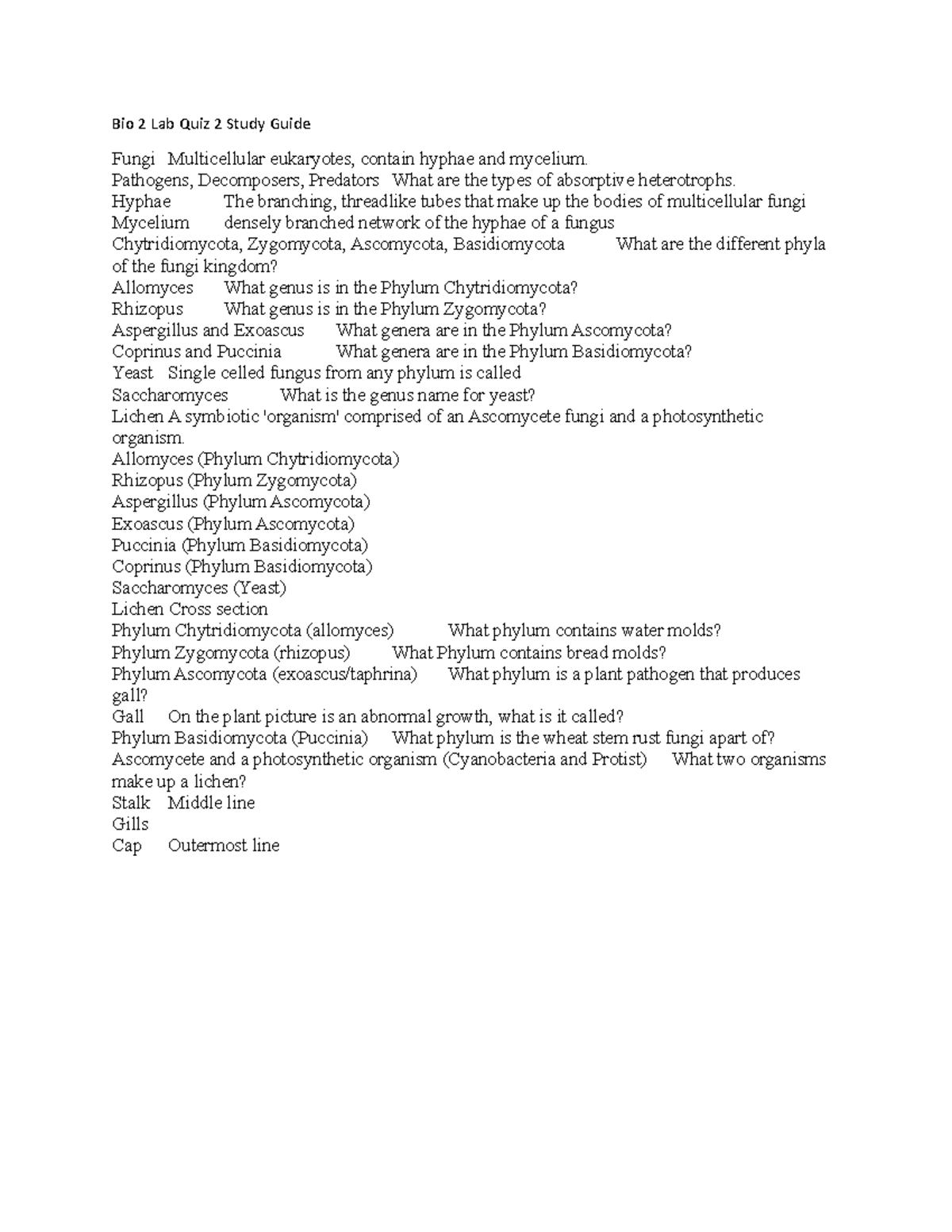 Bio 2 Lab Quiz 2 Study Guide - Bio 2 Lab Quiz 2 Study Guide Fungi ...