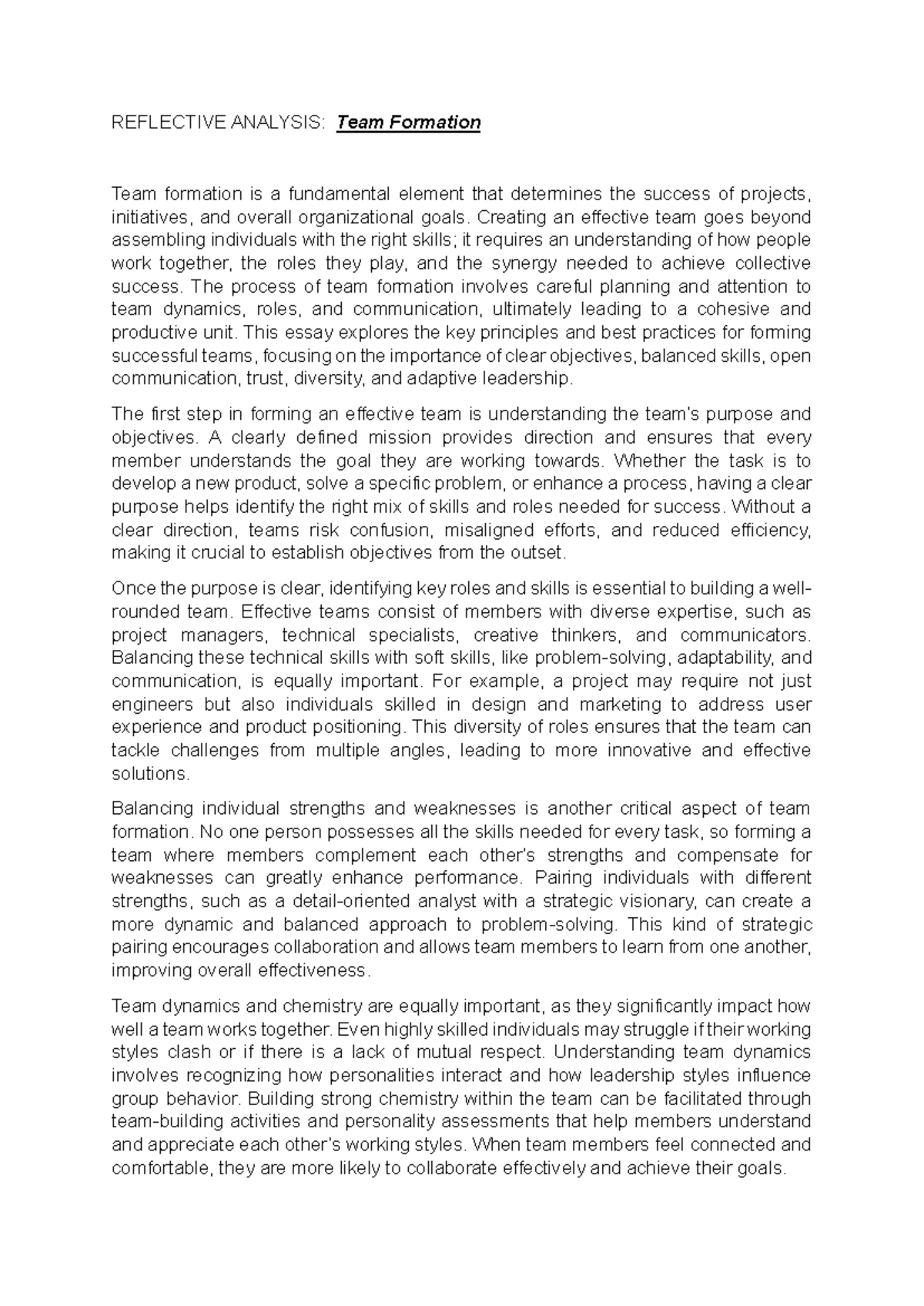 Reflective Analysis- Team Formation - REFLECTIVE ANALYSIS: Team ...