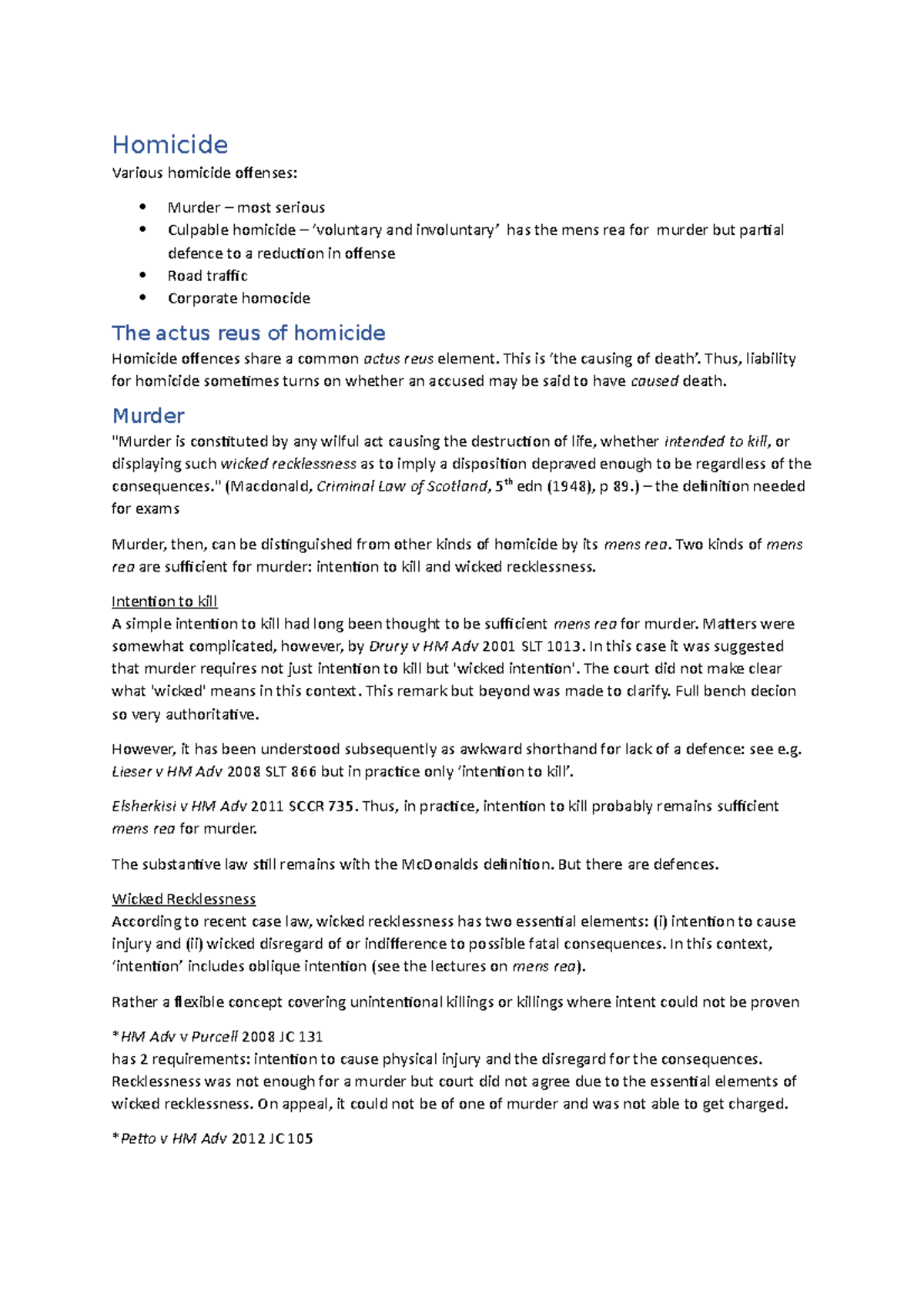 Homicide lecture notes - Homicide Various homicide offenses: Murder ...