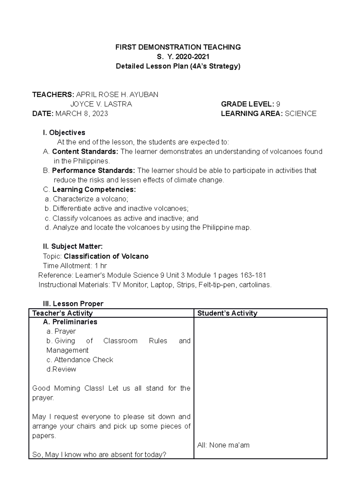 1st LP - lESSON PLAN ABOUT CLASSIFICATIONS IN VOLCANO - FIRST ...