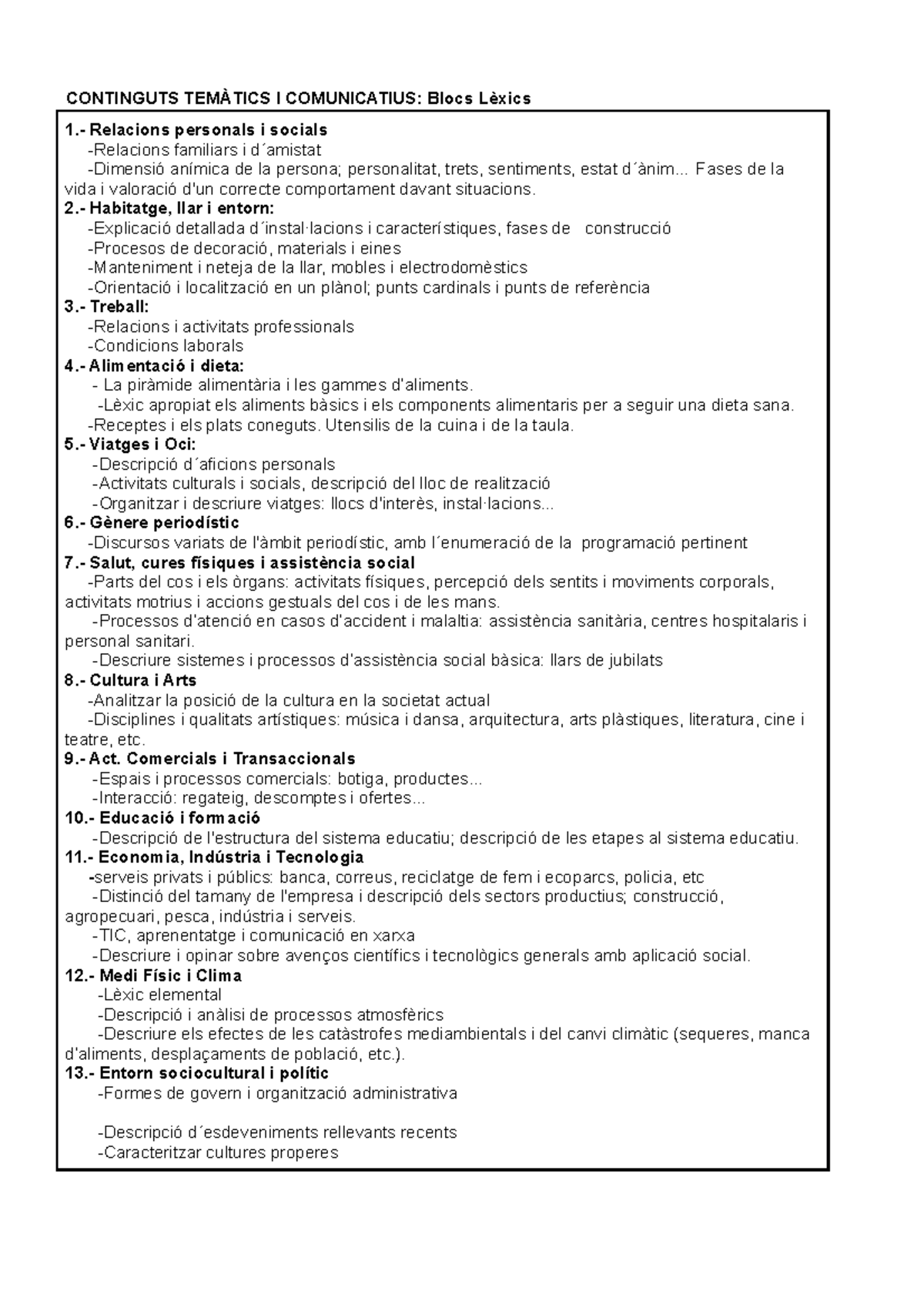 Continguts Temàtics I Comunicatius (1) (1) - CONTINGUTS TEMÀTICS I COMUNICATIUS: Blocs Lèxics 1 ...