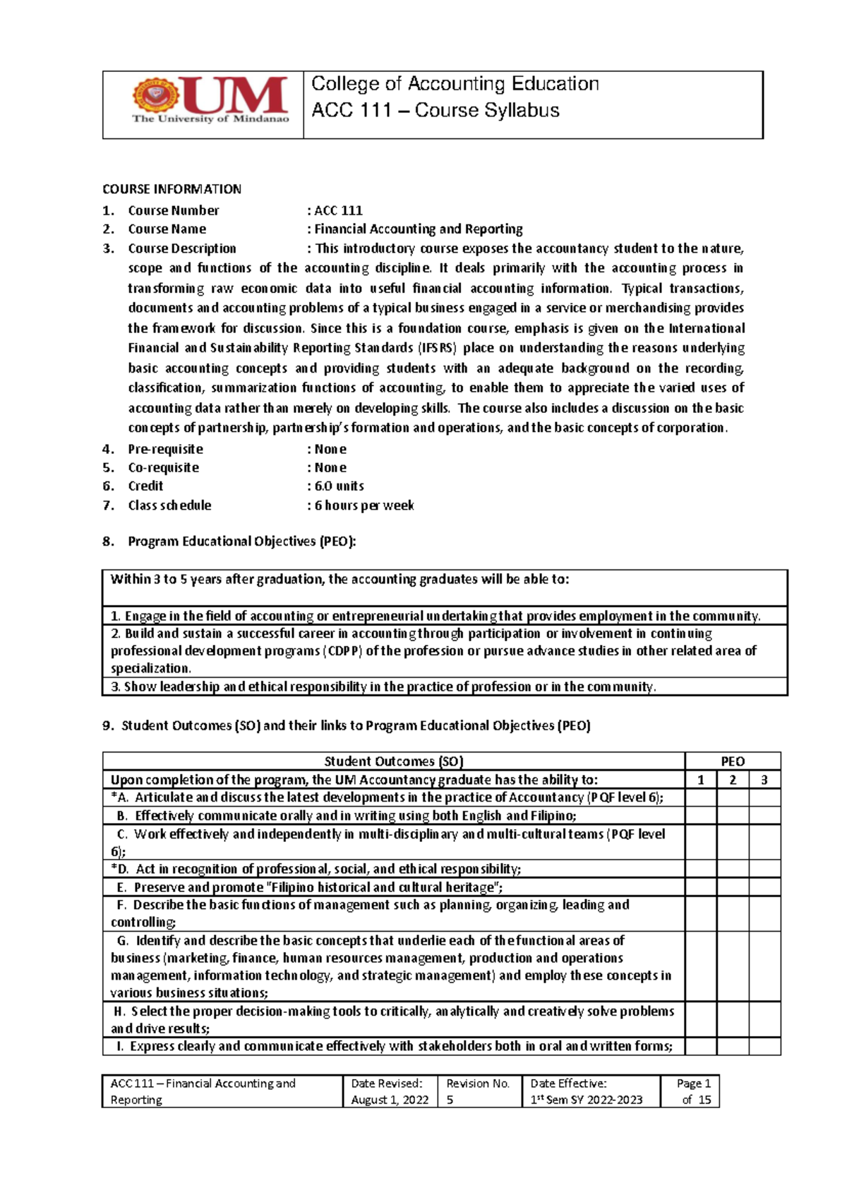 BSA1 - ACC 111 Financial Accounting and Reporting - Rev 5 1st Sem SY 2022-2023 (1) - ACC 111 ...