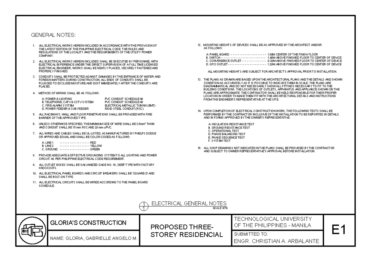 Gloria, G. - Electrical and Plumbing - 1 1 ELECTRICAL GENERAL NOTES ...