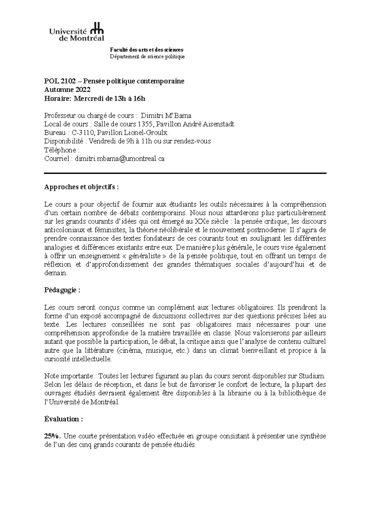 Plan de cours pensée politique contemporaine - Faculté des arts et des ...