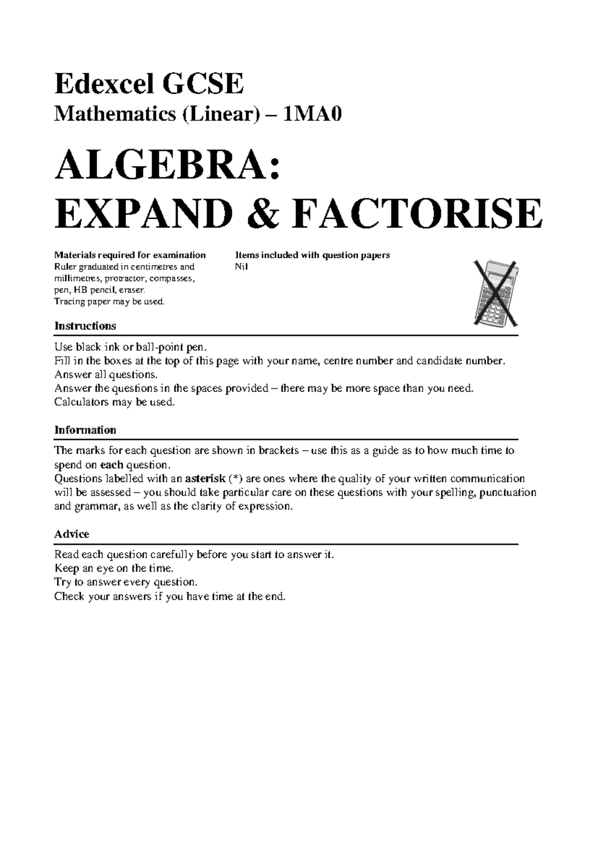 58 algebra expand-and-factorise - Edexcel GCSE Mathematics (Linear ...