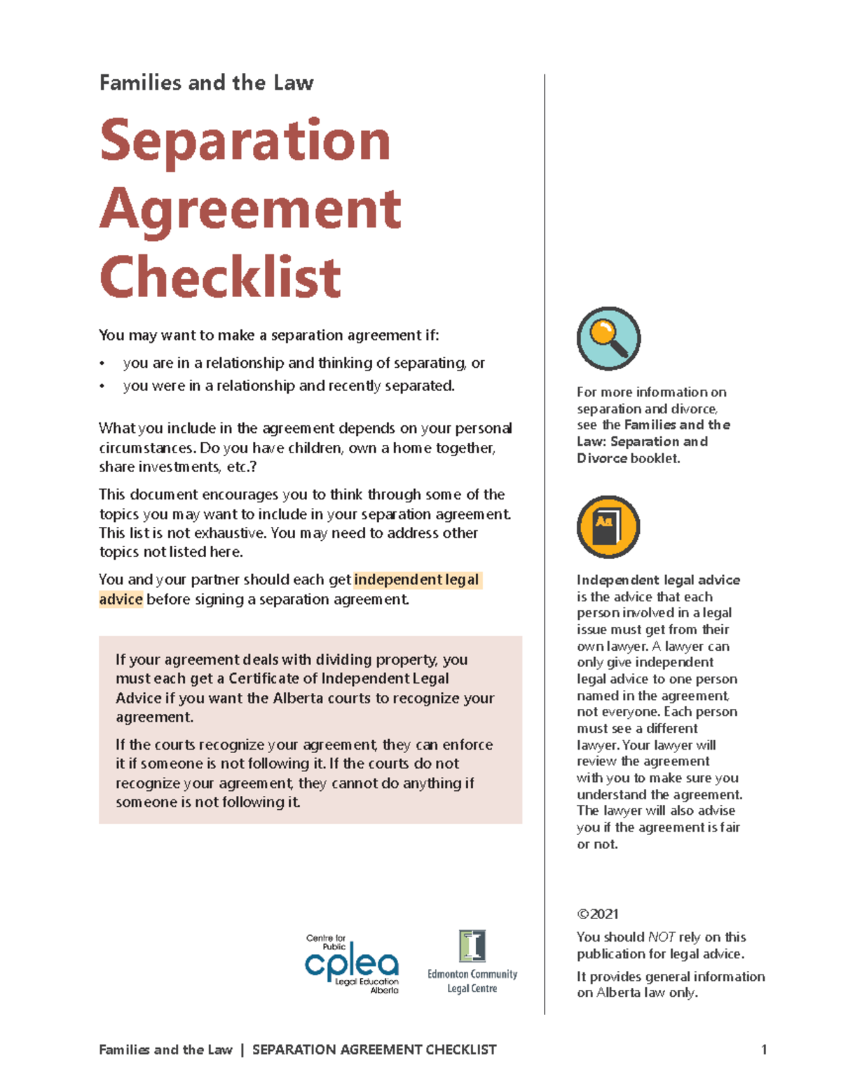 Separation Agreement Checklist - Families and the Law | SEPARATION ...