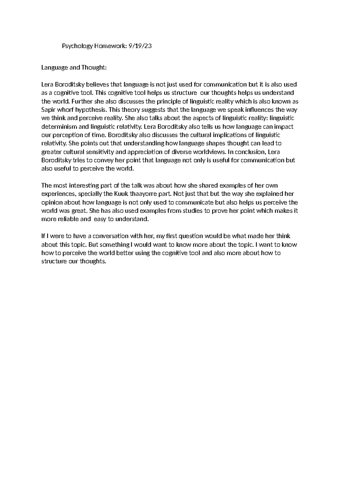 Psychology Homework 9:19:23 - Psychology Homework: 9/19/ Language and ...