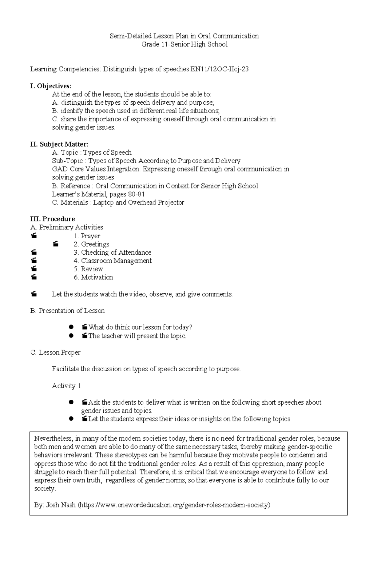 Semi - Semi-Detailed Lesson Plan in Oral Communication Grade 11-Senior ...