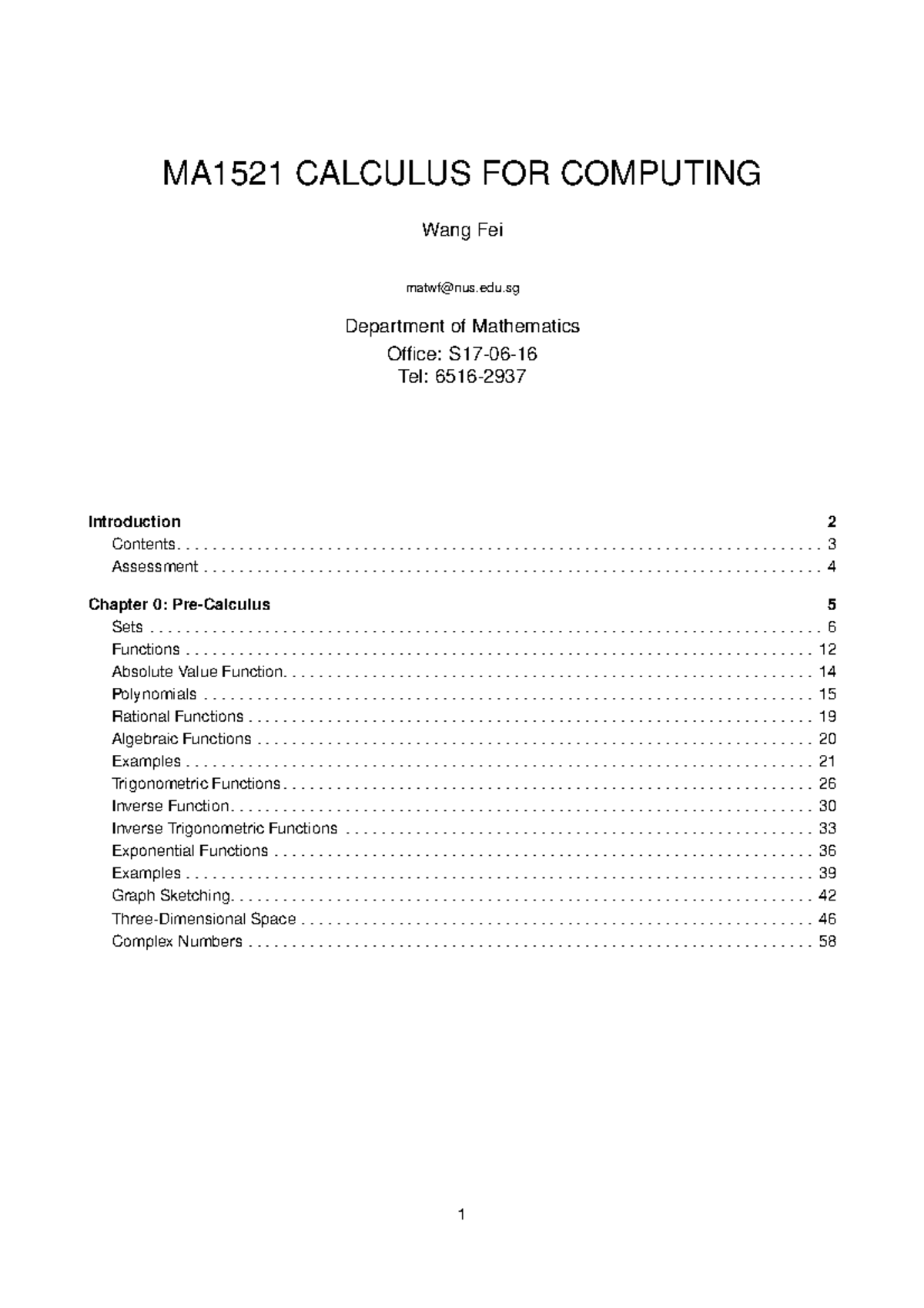 MA1521Chap0 - Calculus 1 - MA1521 CALCULUS FOR COMPUTING Wang Fei matwf@nus.edu - Office: S17-06 ...