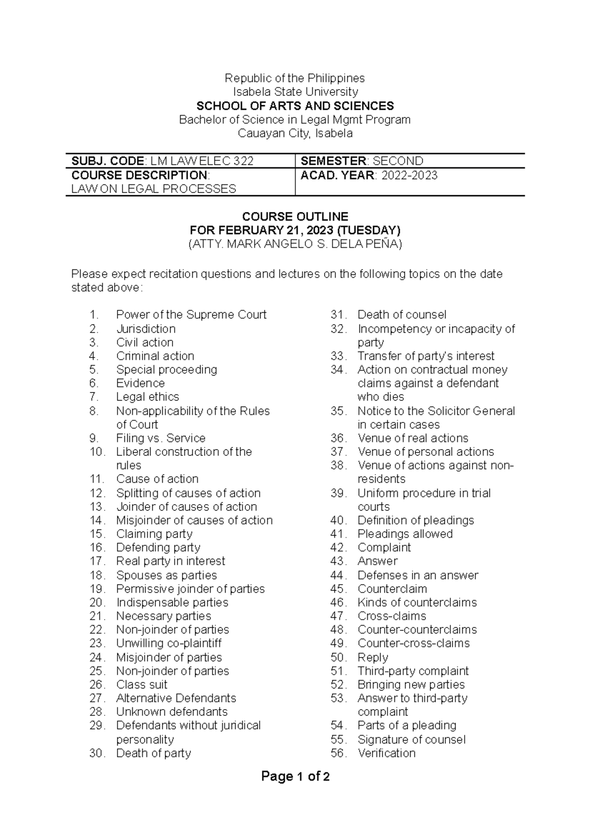 Midterms Legal Processes Legma - Republic of the Philippines Isabela ...