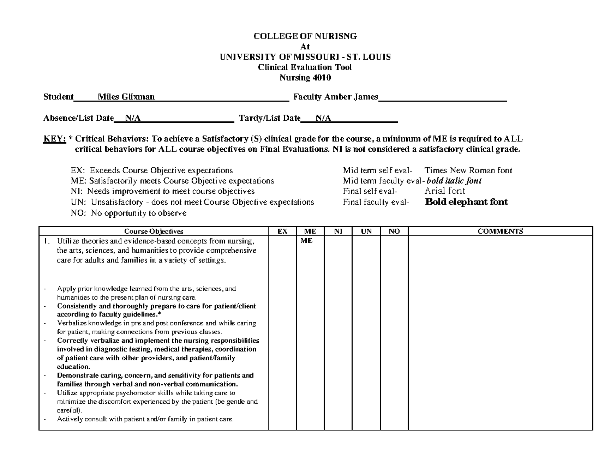 N4010 clinical eval tool- COLLEGE OF NURISNG At UNIVERSITY OF MISSOURI ...
