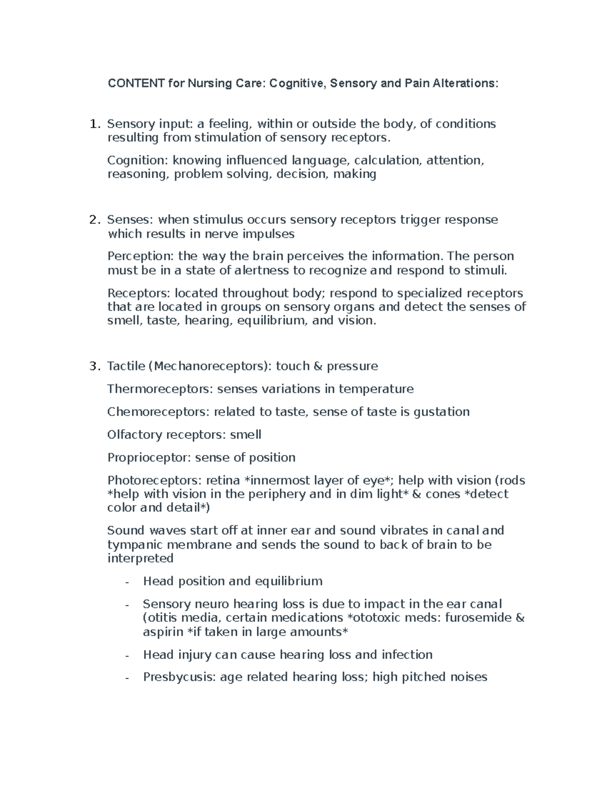 Exam 4 content Study Guide - CONTENT for Nursing Care: Cognitive ...