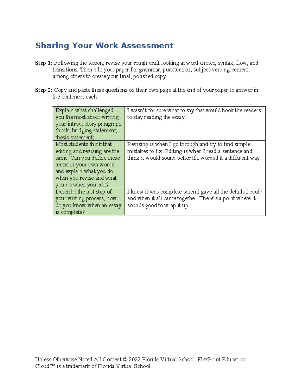 Sharing work assess rubric - Sharing Your Work Assessment Step 1 ...