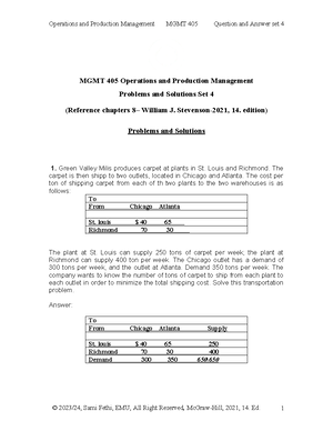 Mgmt 405 prob ans set 1 2024 spr - MGMT 405 Operations and Production Management Problem and ...