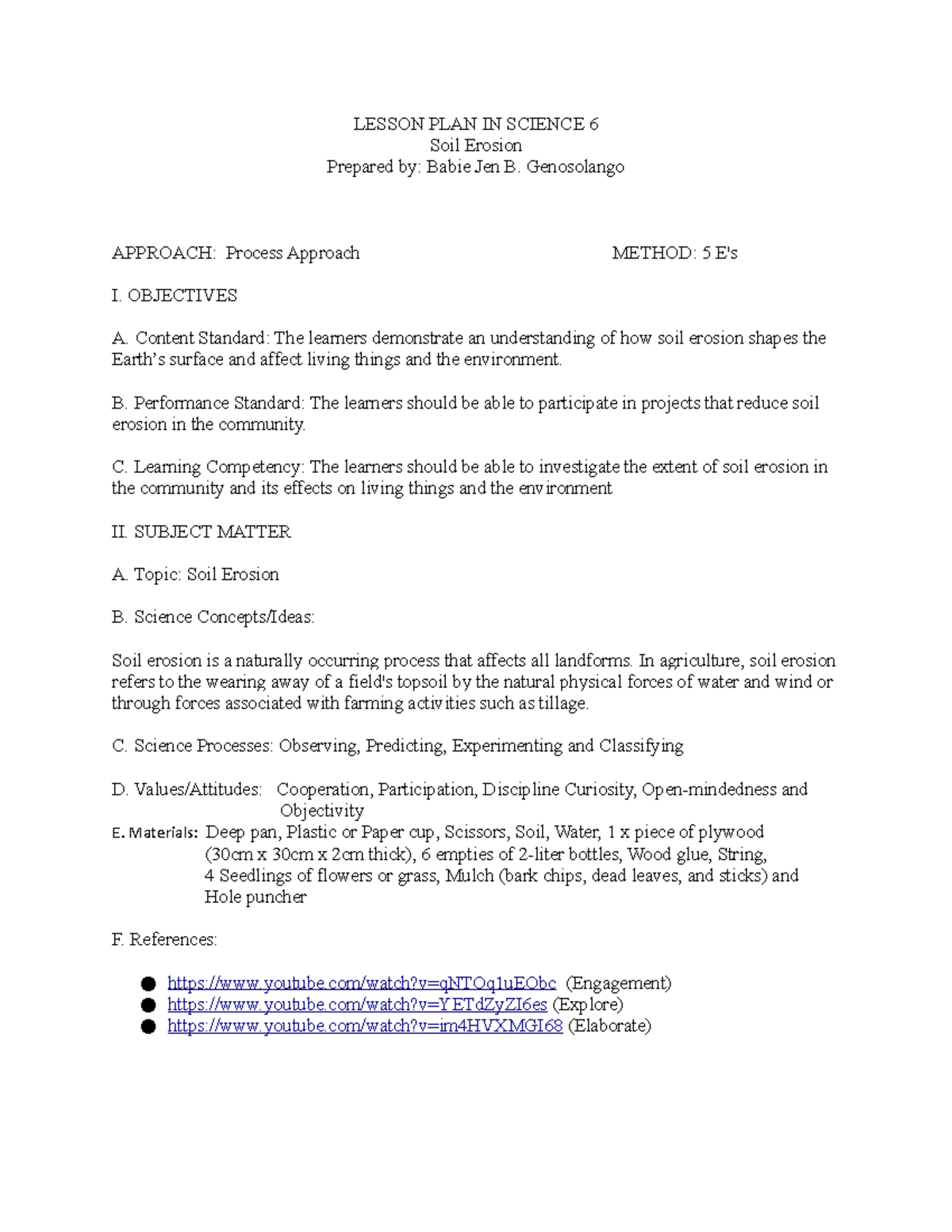 Lesson PLan on Soil Erosion 6 - LESSON PLAN IN SCIENCE 6 Soil Erosion ...