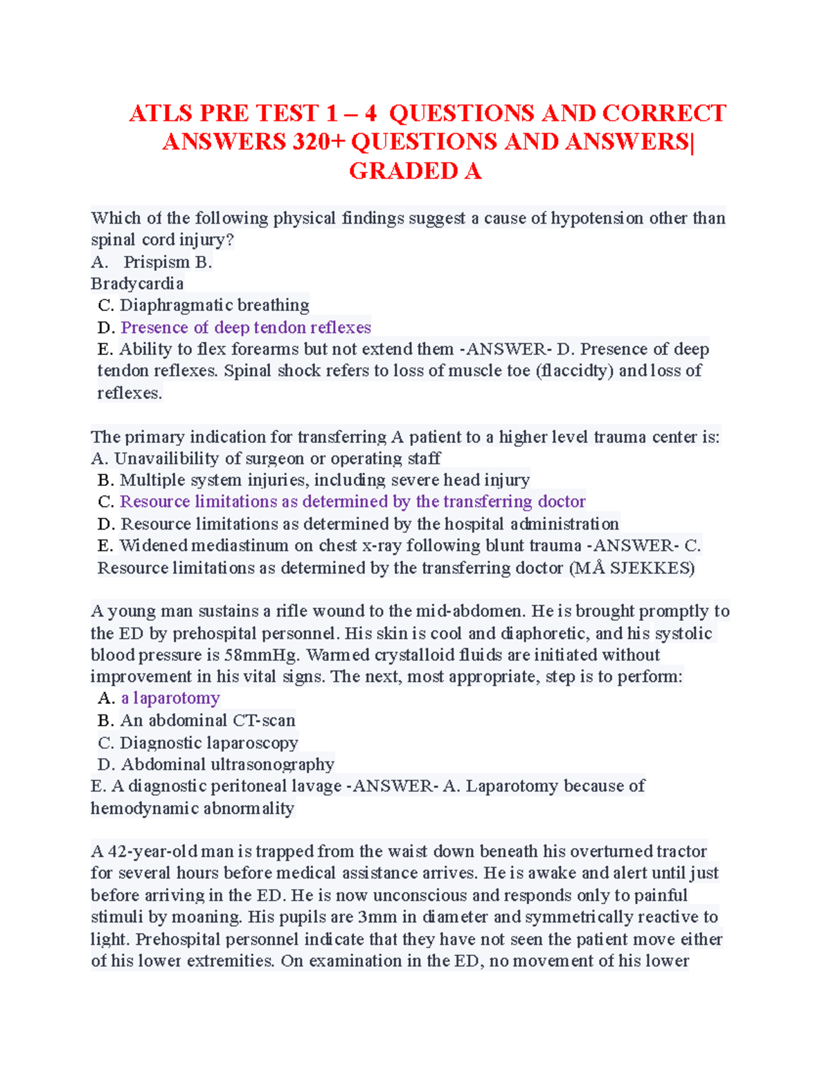 ATLS PRE TEST 1 - ATLS PRE TEST 1 - ATLS PRE TEST 1 – 4 QUESTIONS AND ...