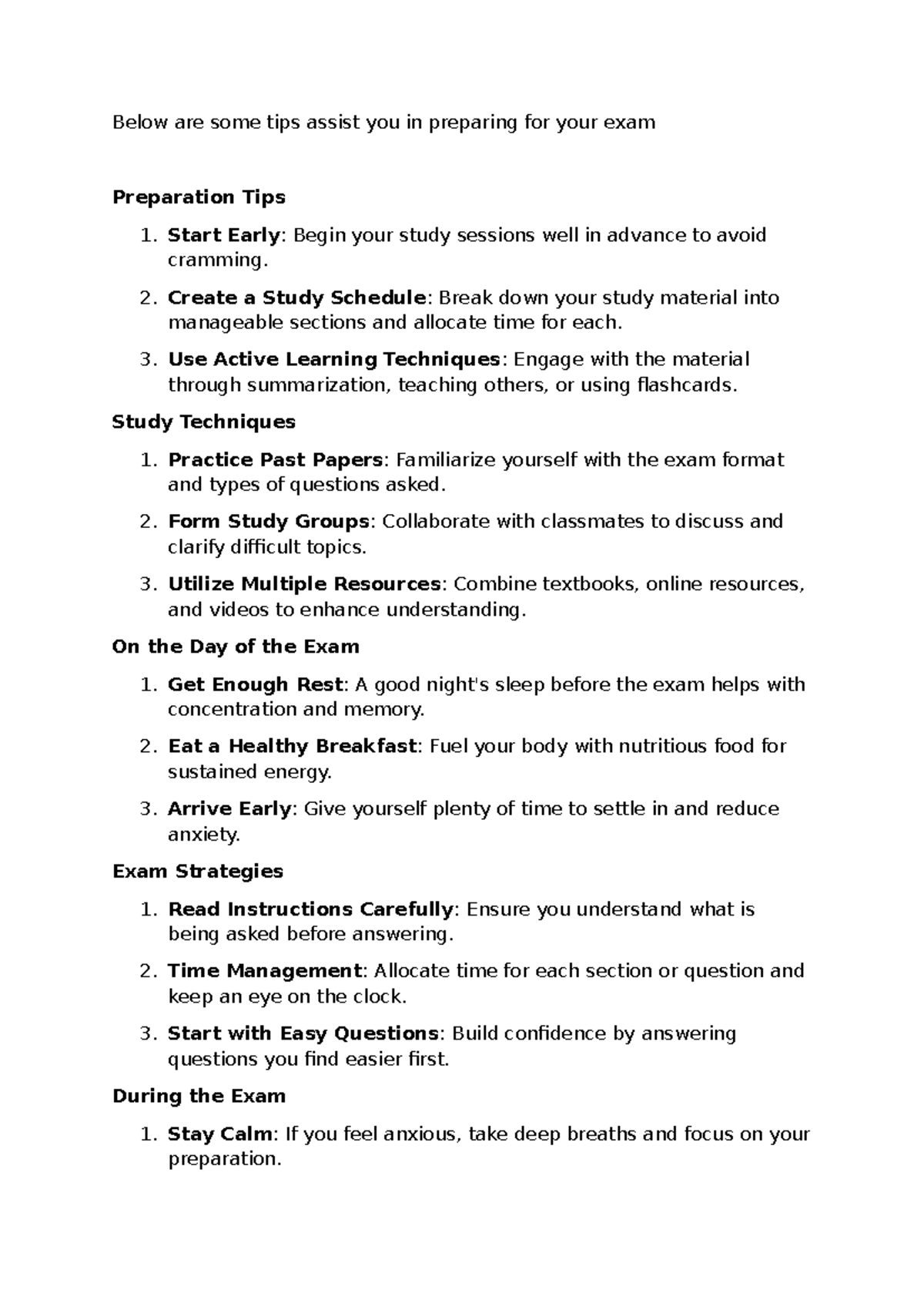 Exam study tips - Below are some tips assist you in preparing for your ...