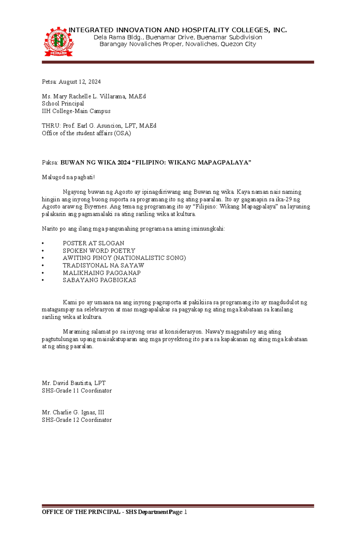 Letter (Buwan ng Wika) - INTEGRATED INNOVATION AND HOSPITALITY COLLEGES ...