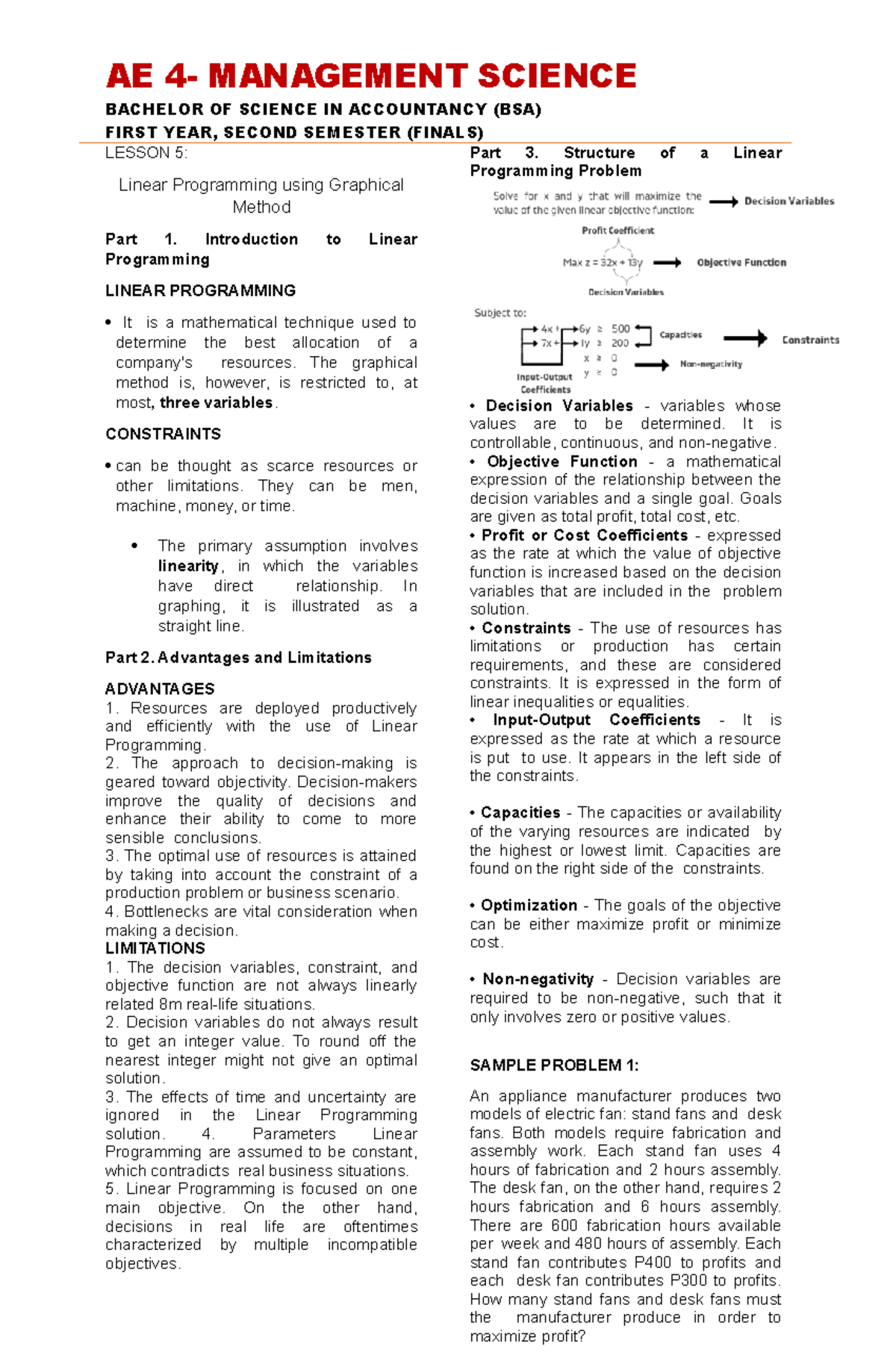 Lesson 5 Mansci Reviewer 1 - AE 4- MANAGEMENT SCIENCE BACHELOR OF ...