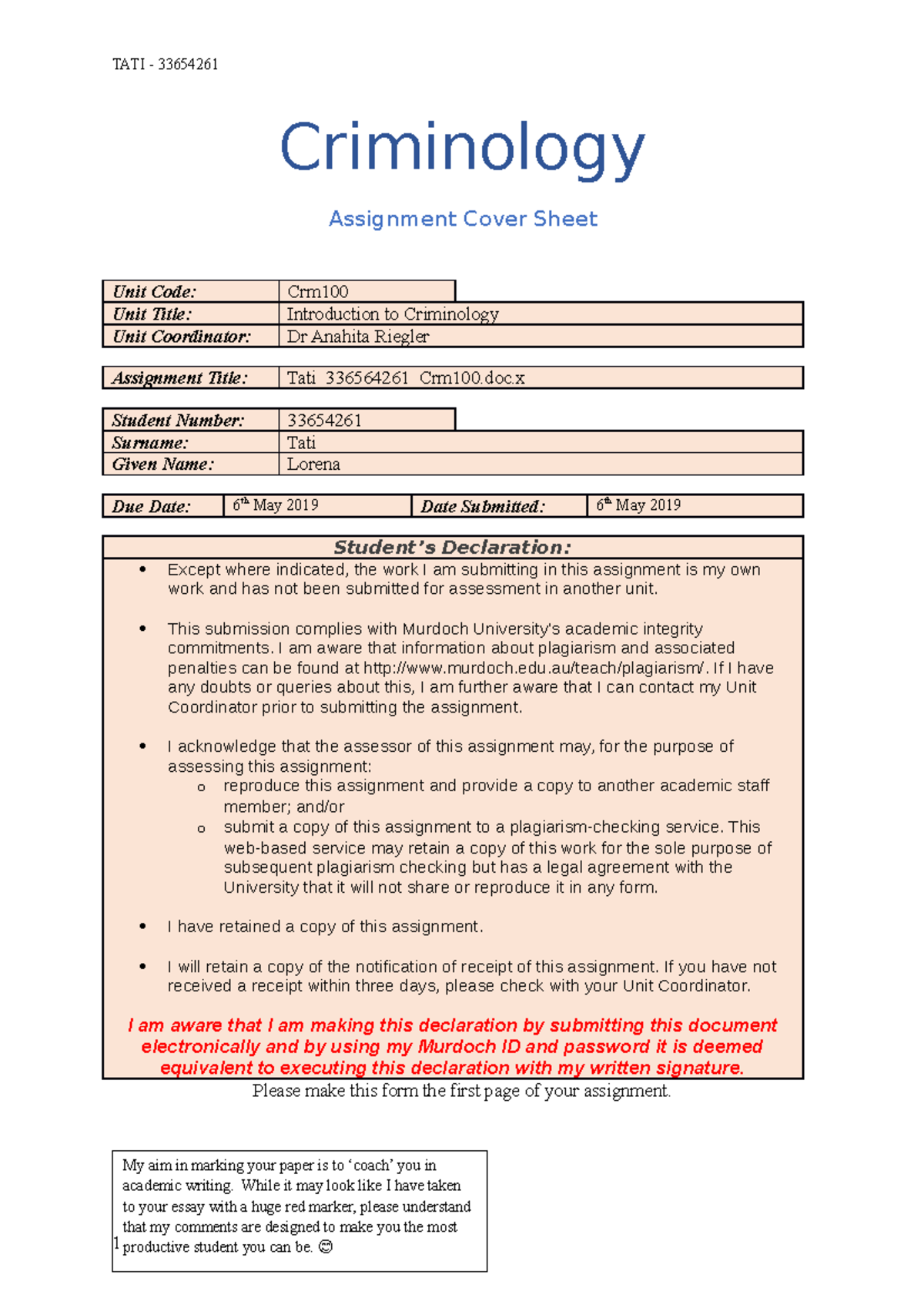 Tati 33654261 CRM100 - great notes - Criminology Assignment Cover Sheet ...