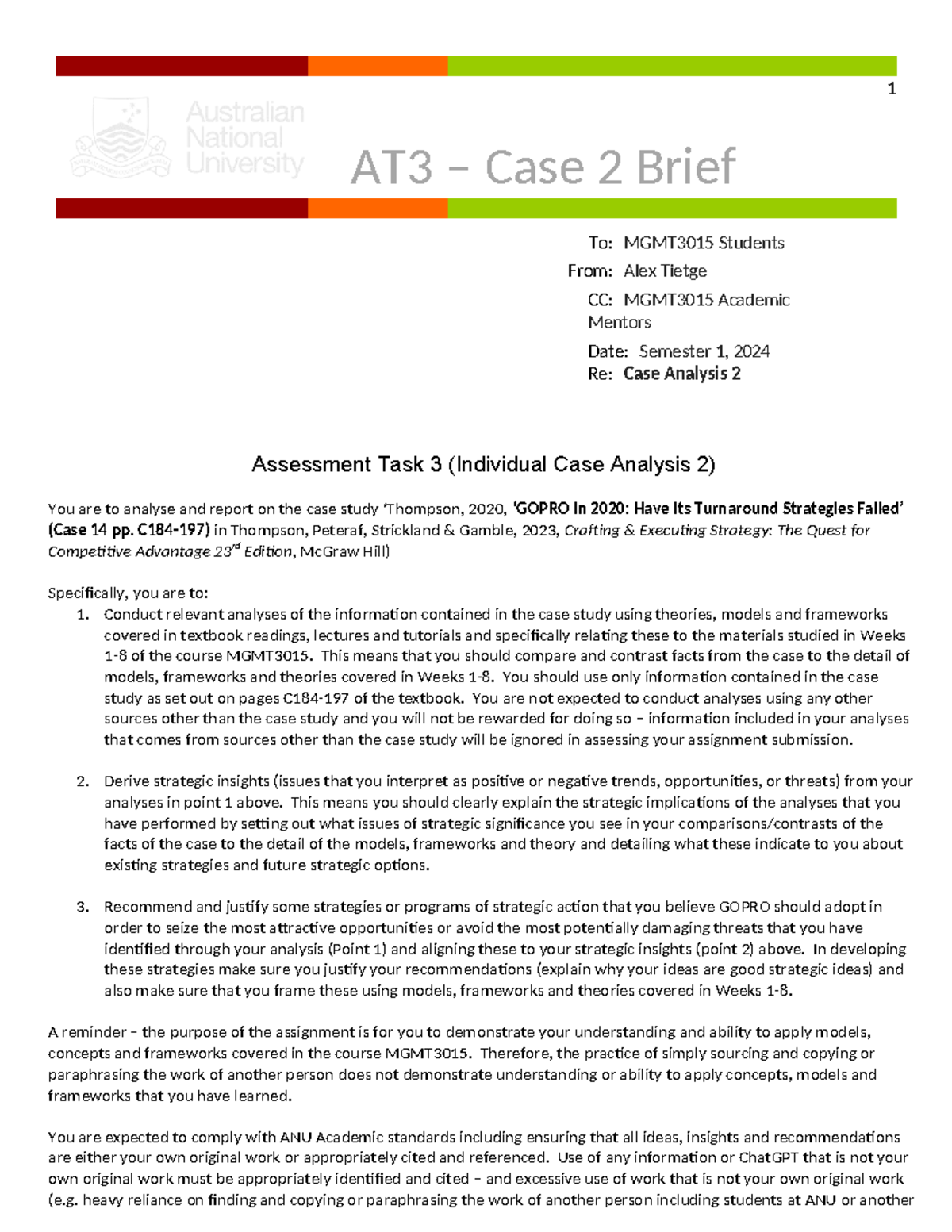 MGMT3015 Case 2 Brief (Sem 1 2024) - 1 AT3 – Case 2 Brief To: MGMT3015 ...