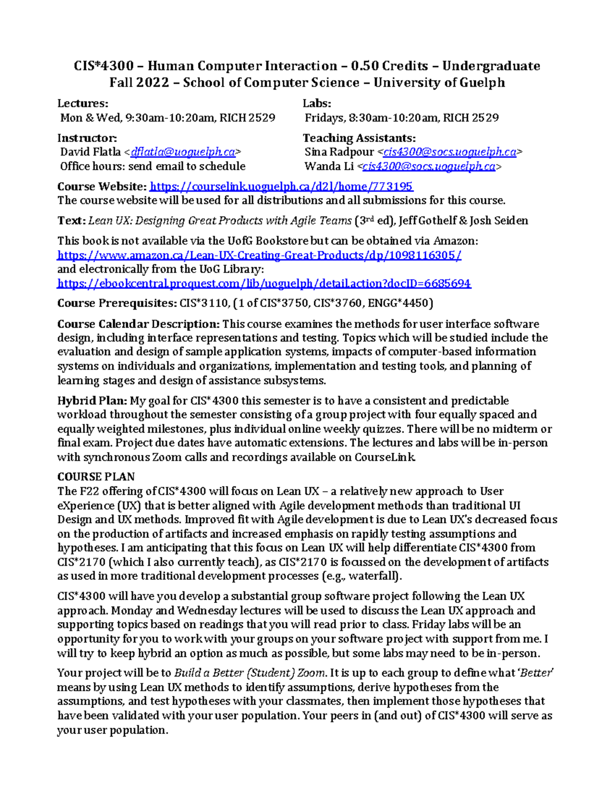 CIS4300 Course Outline - CIS*4300 – Human Computer Interaction – 0 Credits – Undergraduate Fall ...