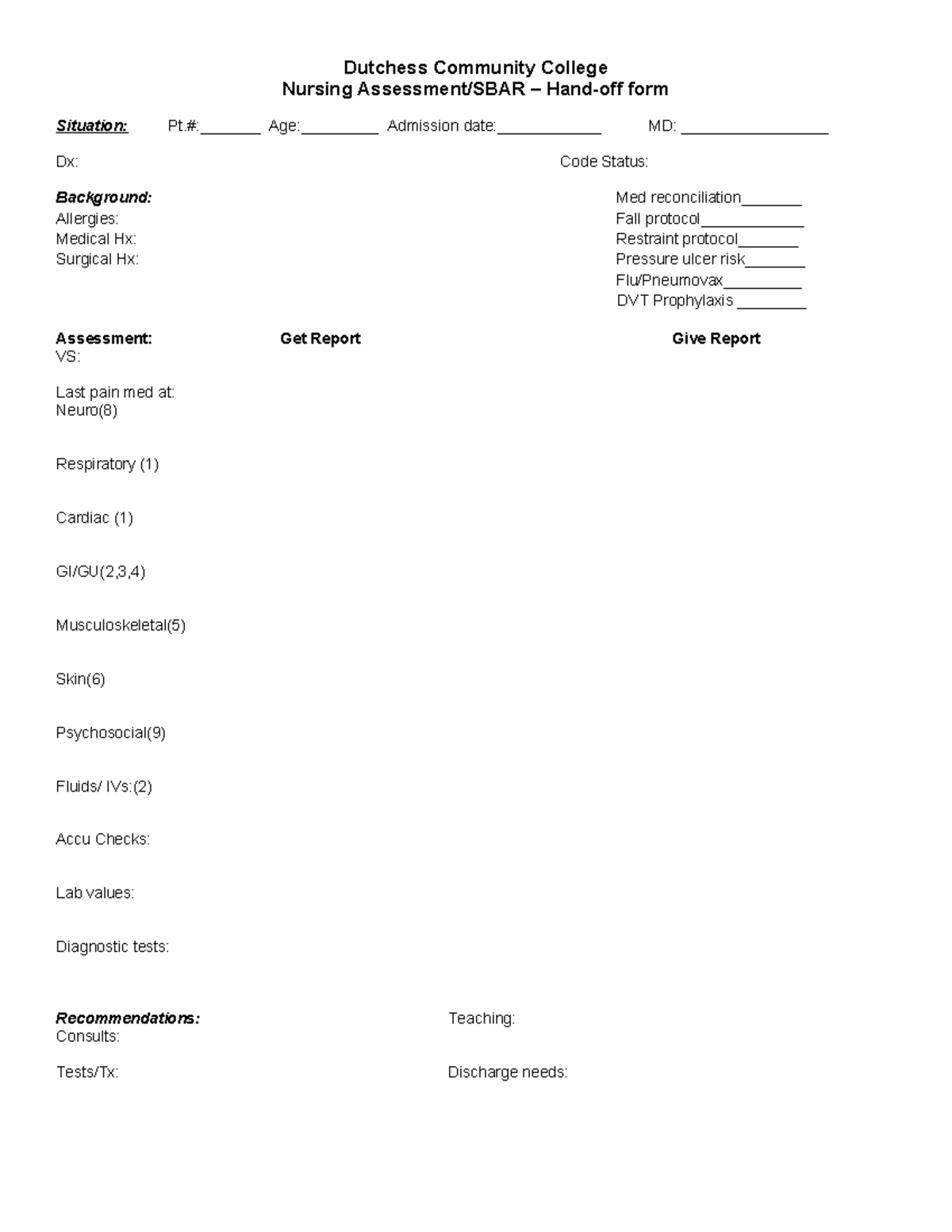 SBAR - star - Dutchess Community College Nursing Assessment/SBAR – Hand ...