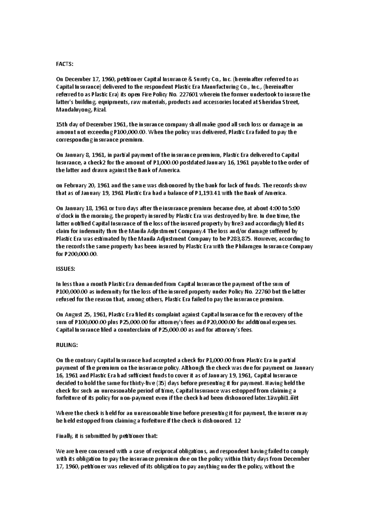 Case digest - Law - FACTS: On December 17, 1960, petitioner Capital ...