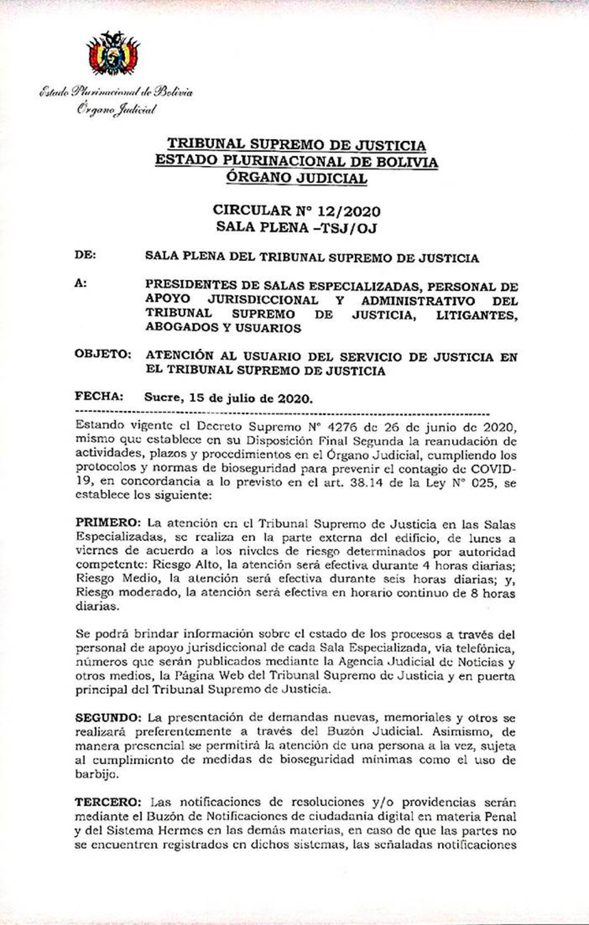 Circular-12-2020 - CIRCULARES DEL COVID19 - Estado Plurinacional de ...