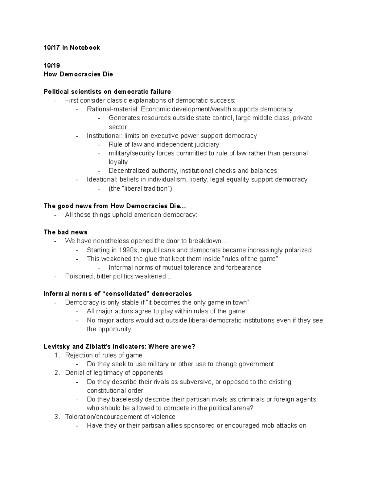PS 111 Notes Democracy - 10/17 In Notebook 10/ How Democracies Die ...